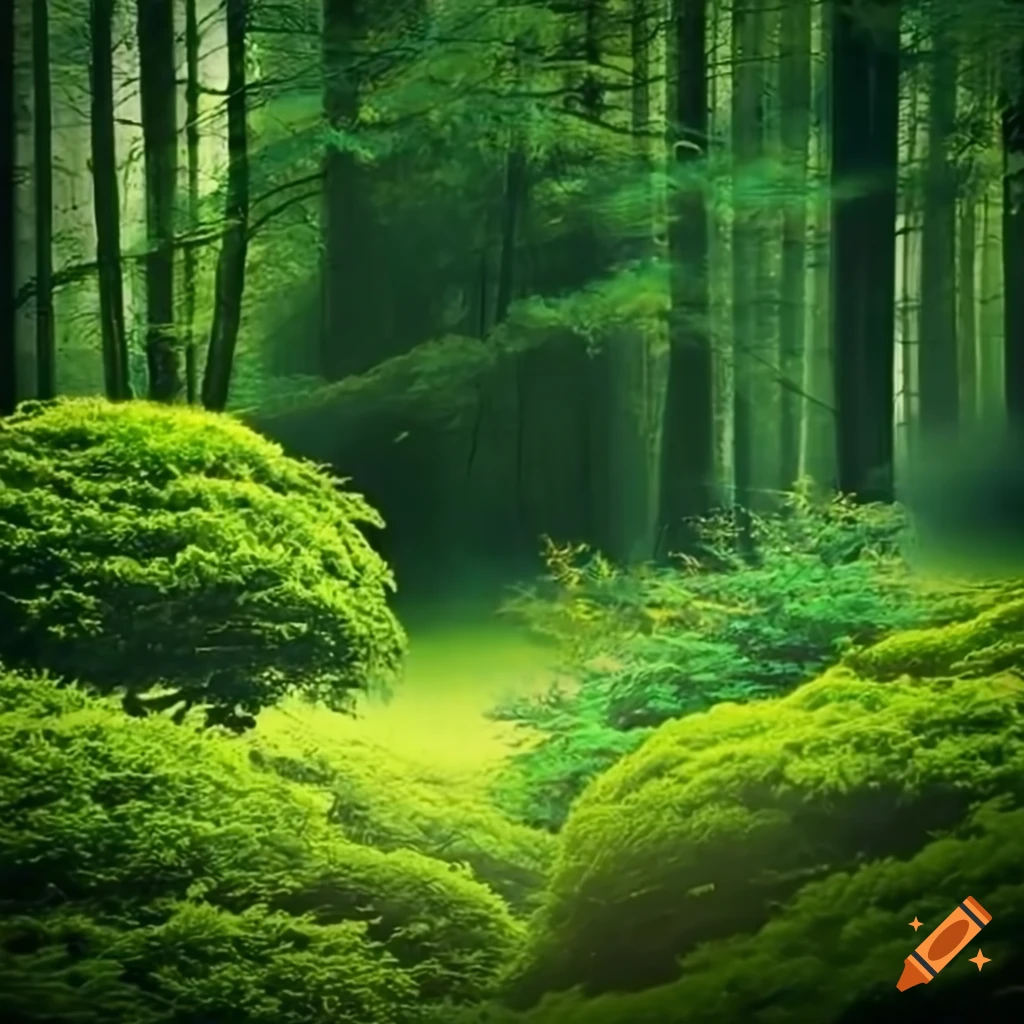 Bright forest with green bushes on Craiyon