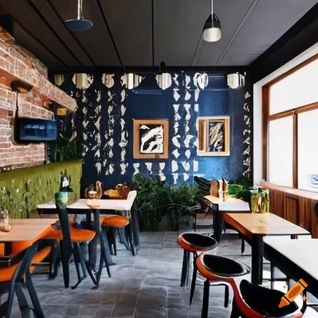 Modern aesthetic bistro restaurant with industrial design style on Craiyon