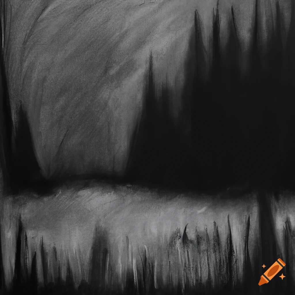 Night meadow landscape with forest background in charcoal drawing on ...