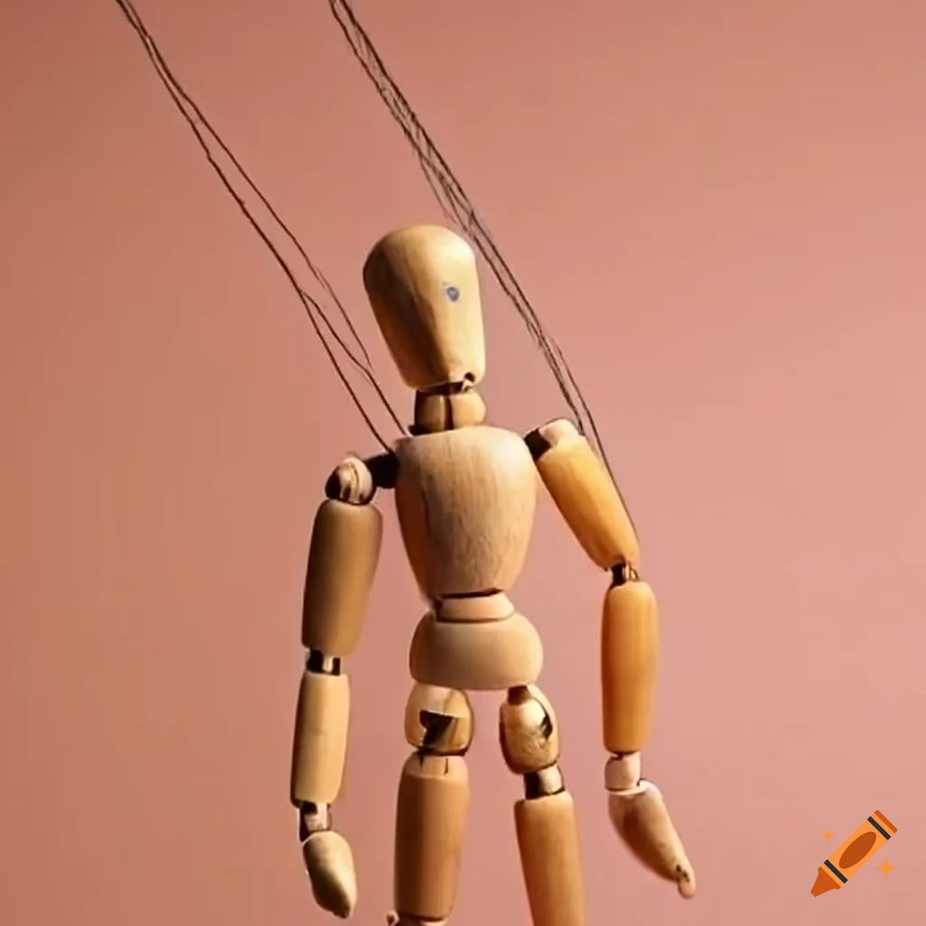 Wooden puppet manipulated by hand using strings on Craiyon
