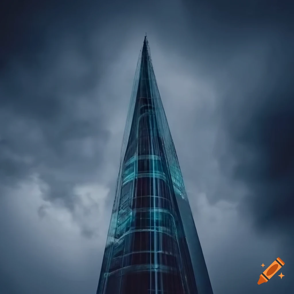 Enormous tower of glass and steel reaching into the rainy sky on Craiyon