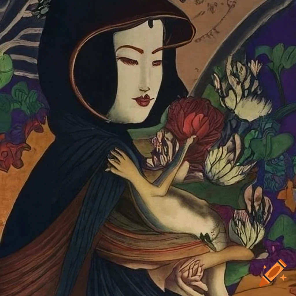 Illustration of a mystical Curandera Raven and Mother Goose in elegant ...