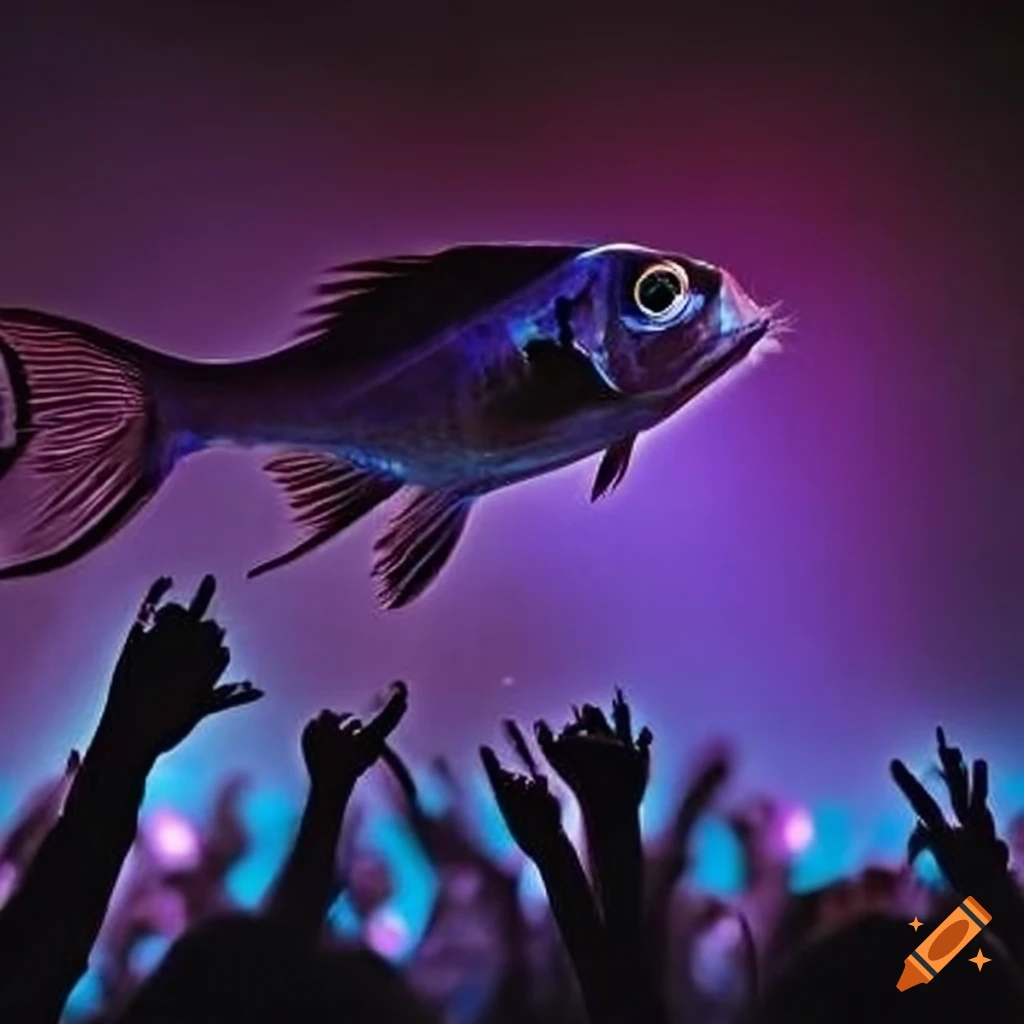 Concert scene with fish as the crowd on Craiyon