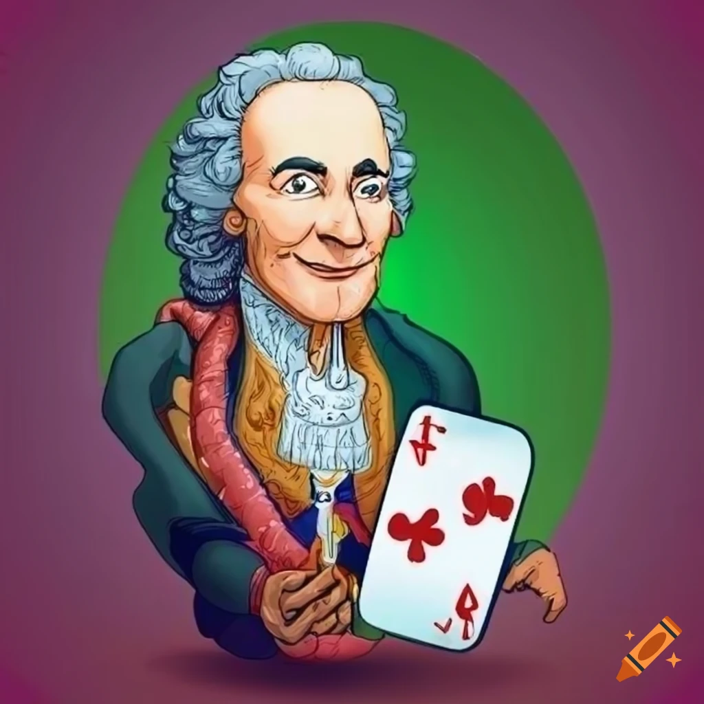 Cartoon illustration of philosopher Voltaire holding playing cards on ...