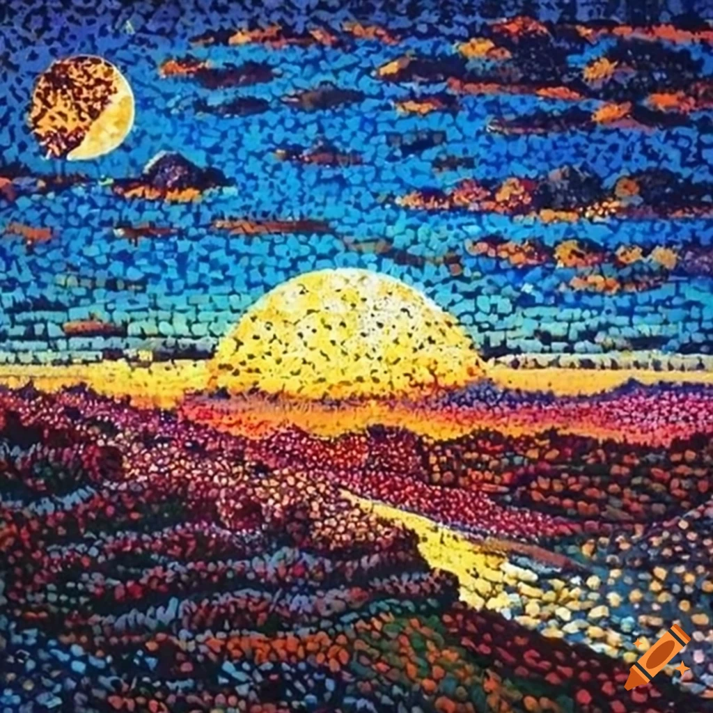 Surreal mosaic pointillism illustration of a landscape under a full ...