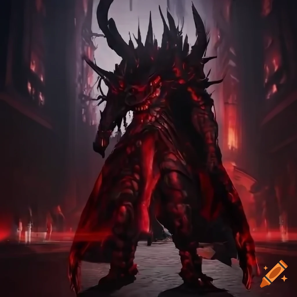 Tall strong black and red demon king in armor and cloak on Craiyon