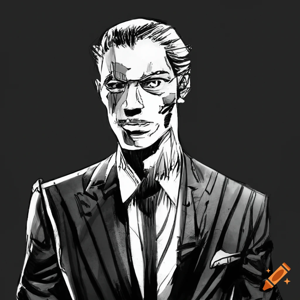Black and white comic ink drawing of a dapper man in a suit on Craiyon