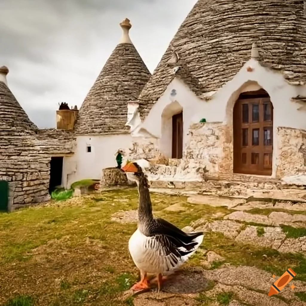 Goose with golden eggs among the trulli houses of italy on Craiyon