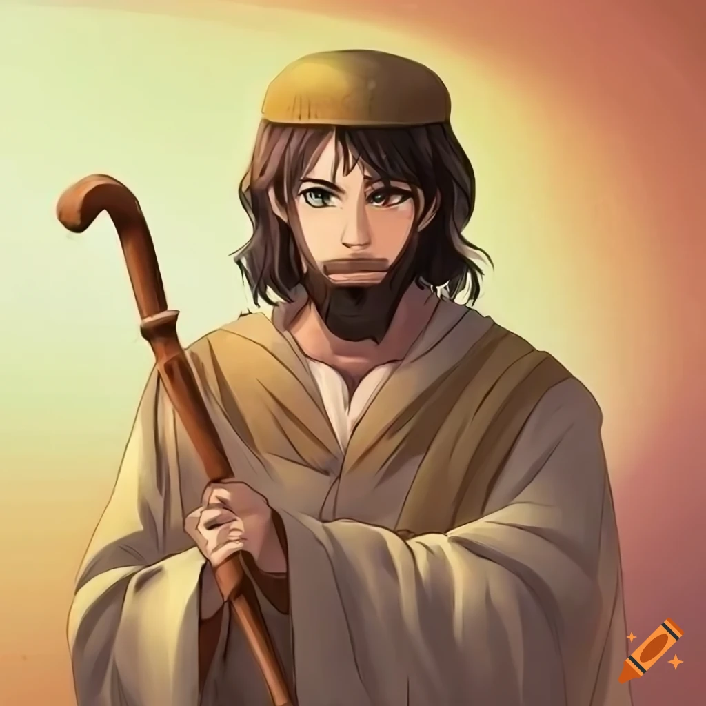 Anime portrait of a biblical shepherd with a wooden cane on Craiyon