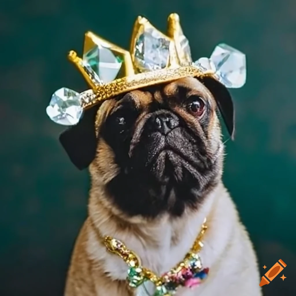 Pug dog wearing a crown of white crystal diamonds in a close-up photo ...