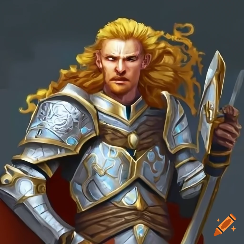 Valiant aasimar paladin with golden hair and blue eyes in silver armor on Craiyon
