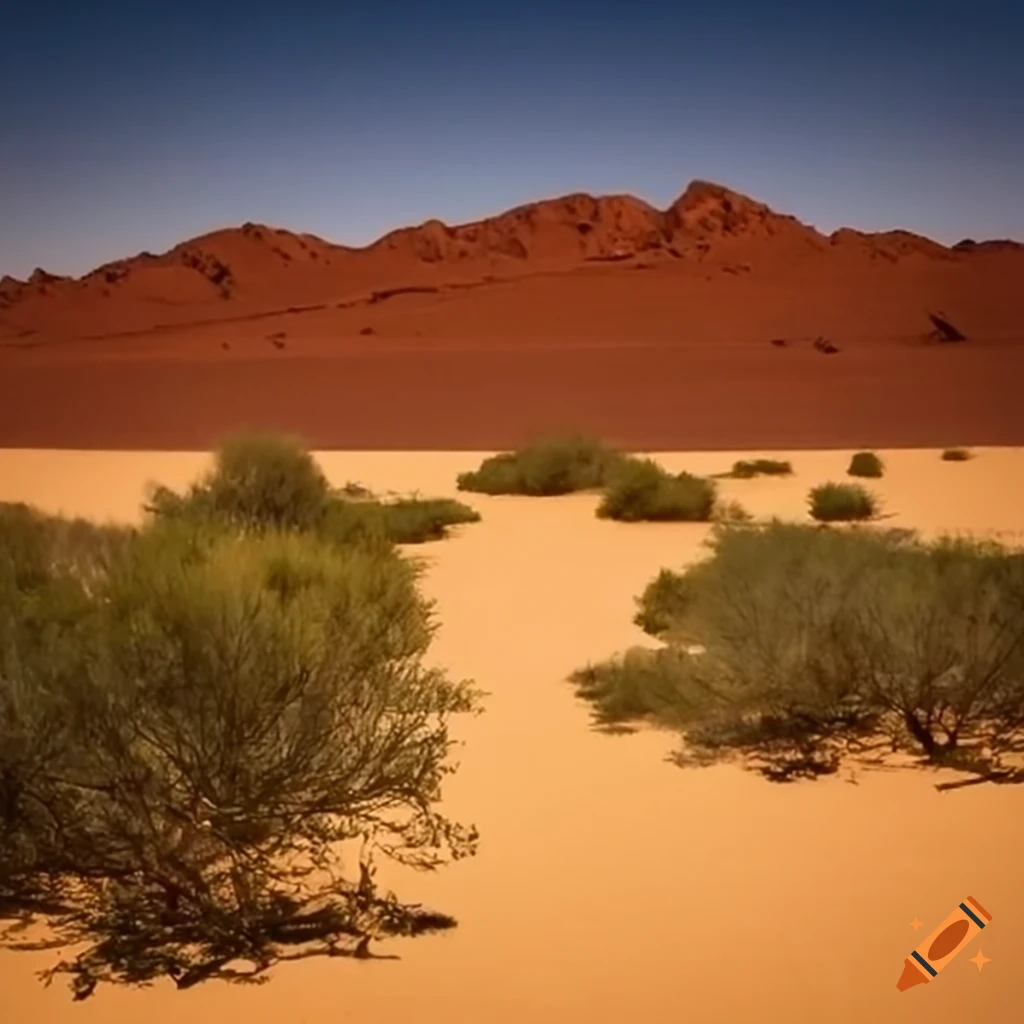 Empty desert landscape with a few shrubs on Craiyon
