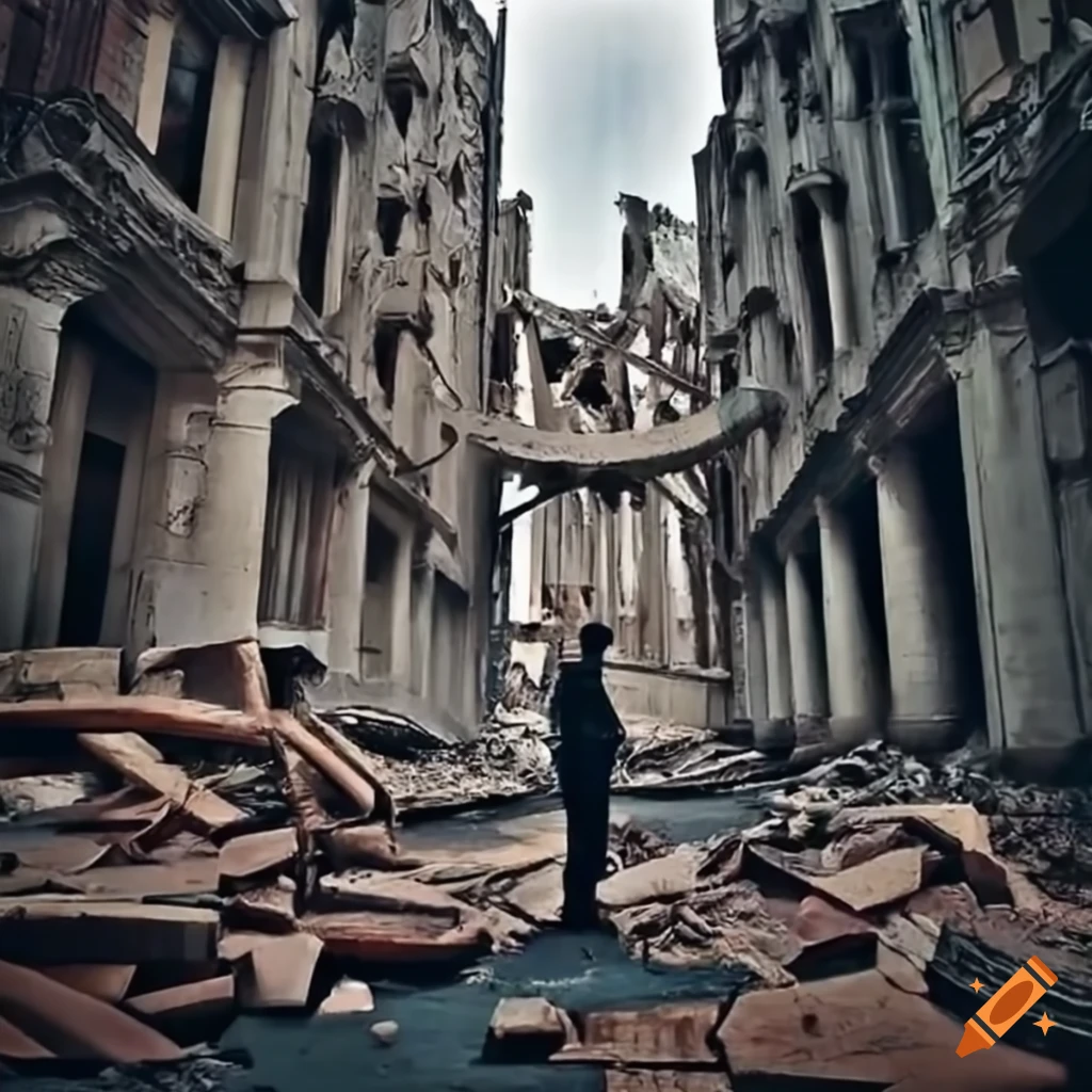 Man standing amidst destruction and chaos on Craiyon