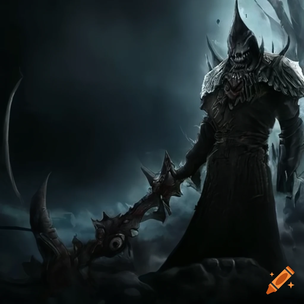 Dark fantasy scene with a king wielding a halberd in antarctica on Craiyon