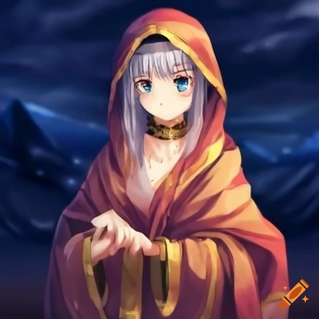 Anime portrait of a biblical woman in nativity attire with hands held ...