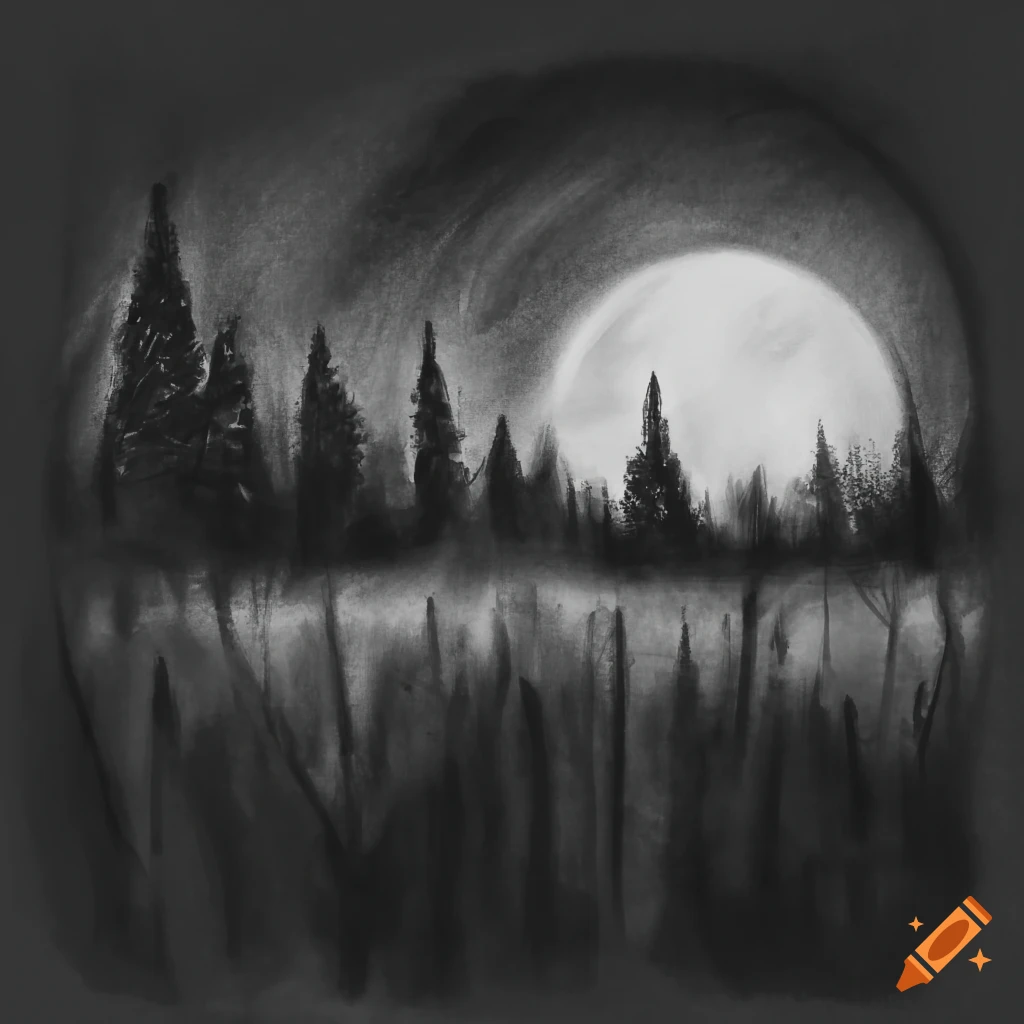 Night meadow landscape with distant forest, charcoal drawing in black ...