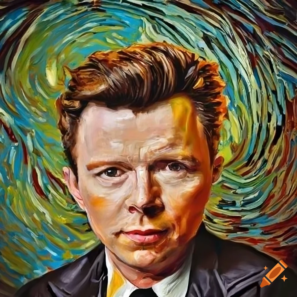 Rick Astley reimagined in a Van Gogh style portrait on Craiyon