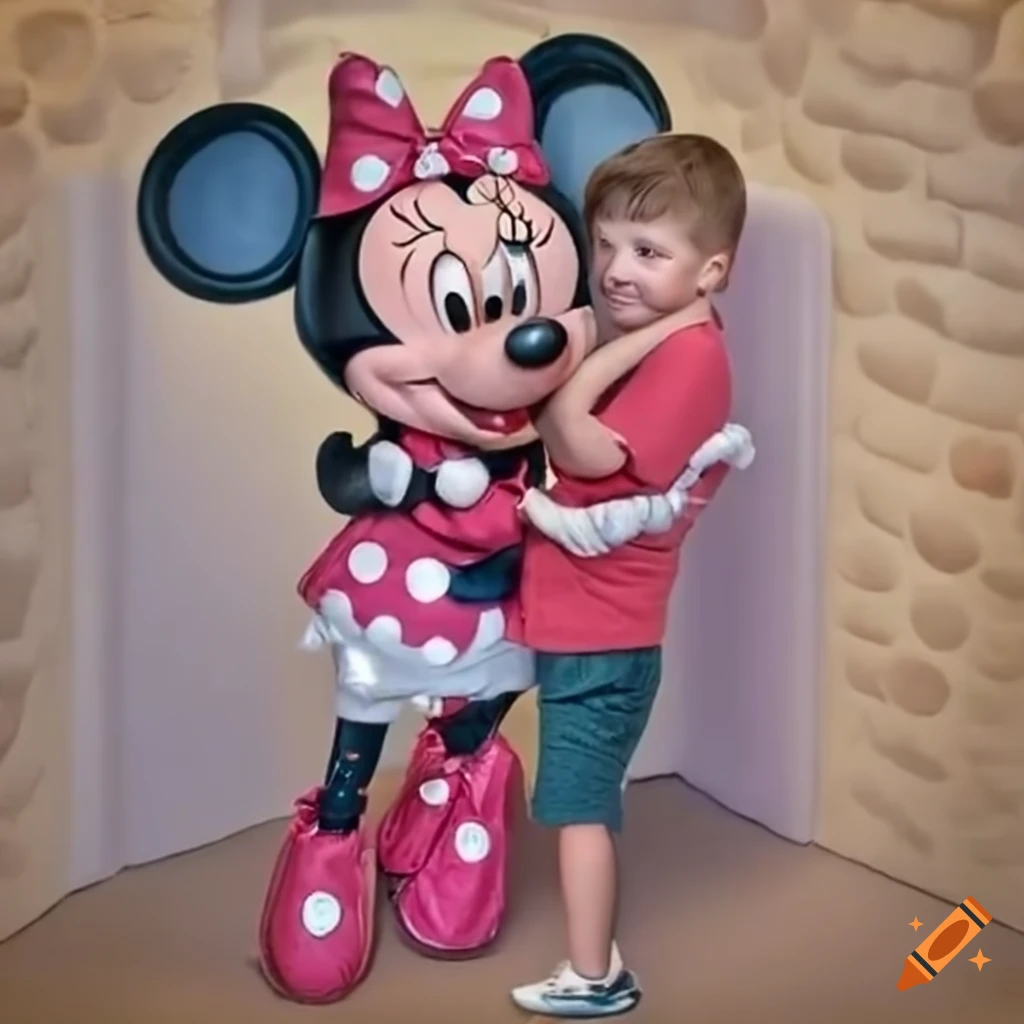 Minnie mouse setting a tall boy in a cozy corner and hugging him on Craiyon