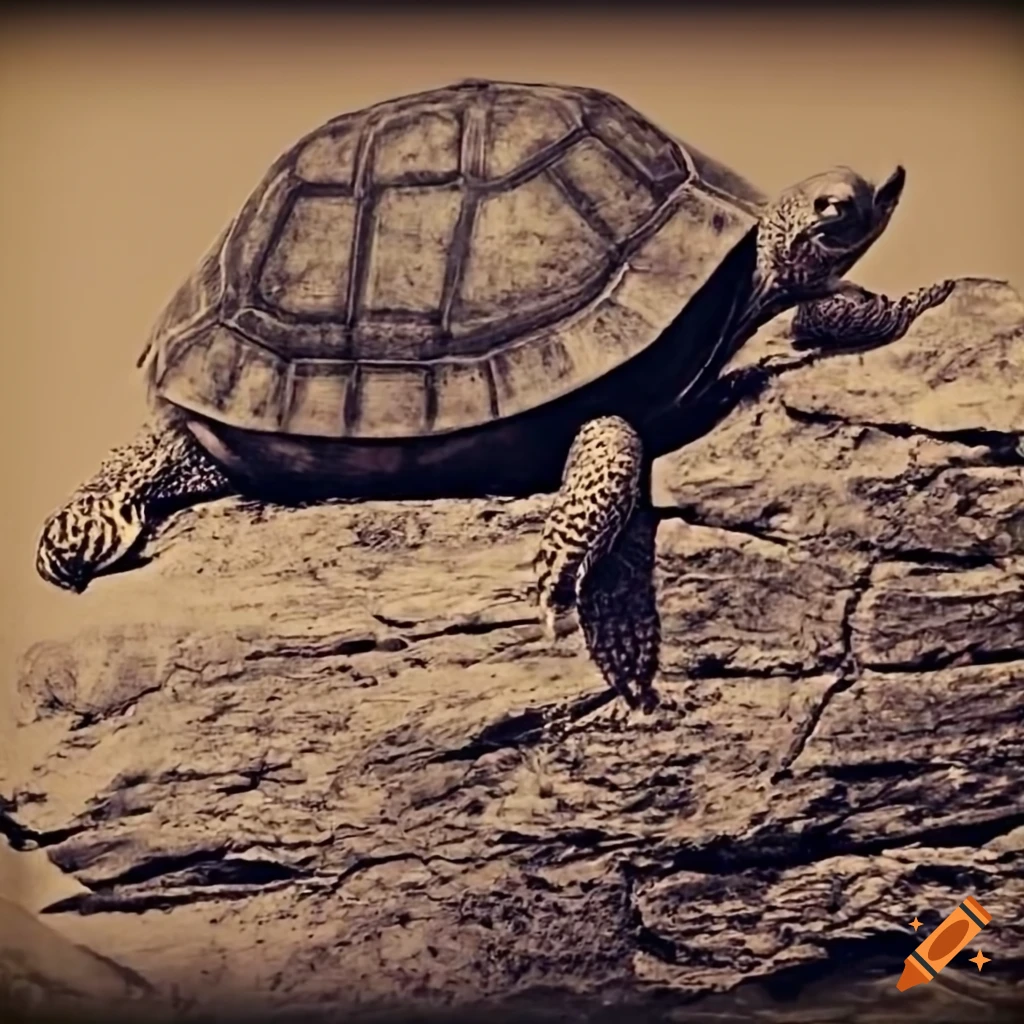 Mythical turtle with a cowboy hat on a cliff edge in old photograph ...