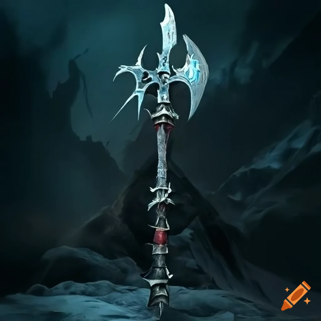 Dark fantasy scene with a king wielding a halberd in antarctica on Craiyon