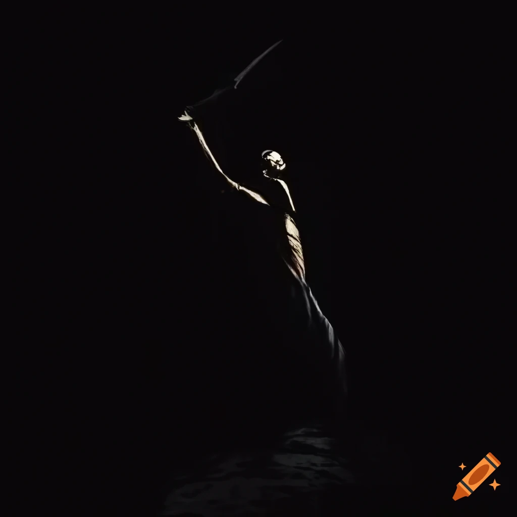 Silhouette of man throwing spear at night on Craiyon