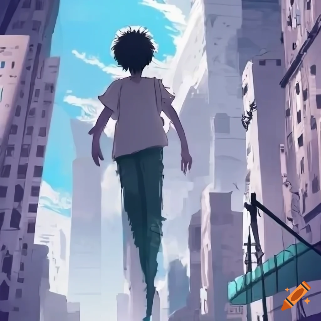 Giant boy walking barefoot through the city in anime style on Craiyon