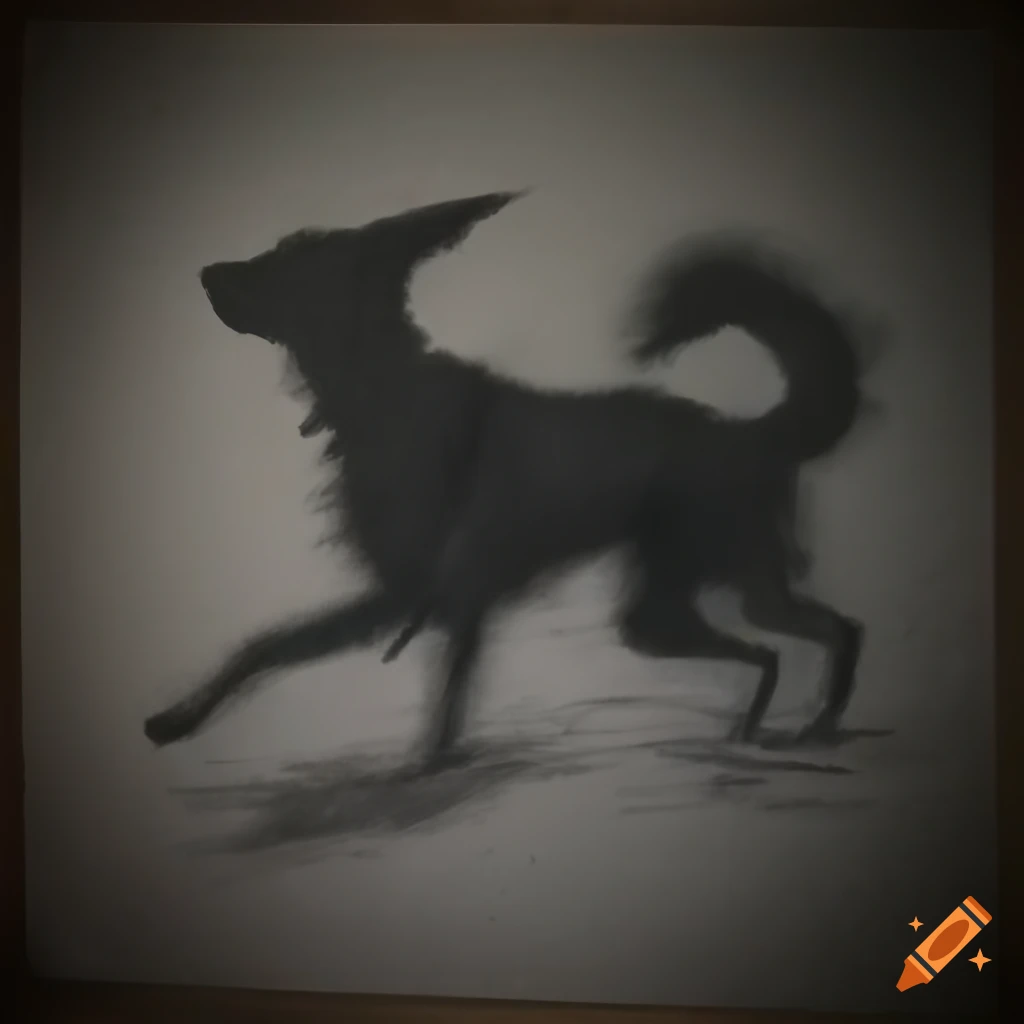 Dark dog shadow running in the village patch in charcoal drawing on Craiyon