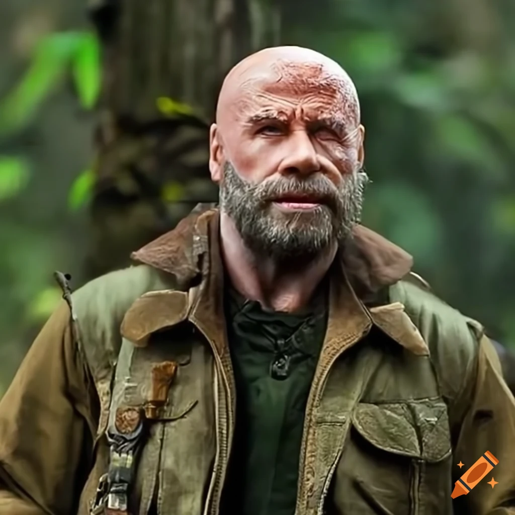 Bald, bearded man in a Hunter jacket in the jungle on Craiyon