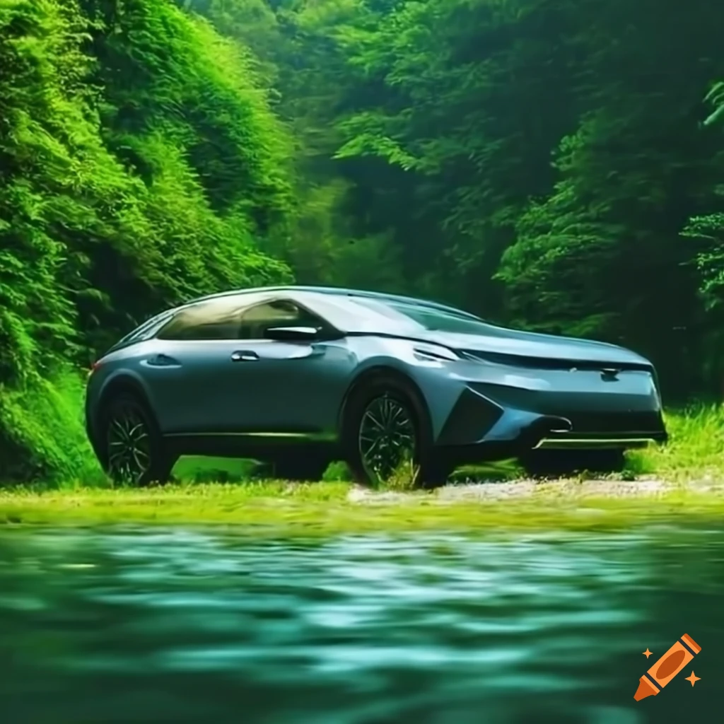 Modern car driving past a beautiful river landscape on Craiyon