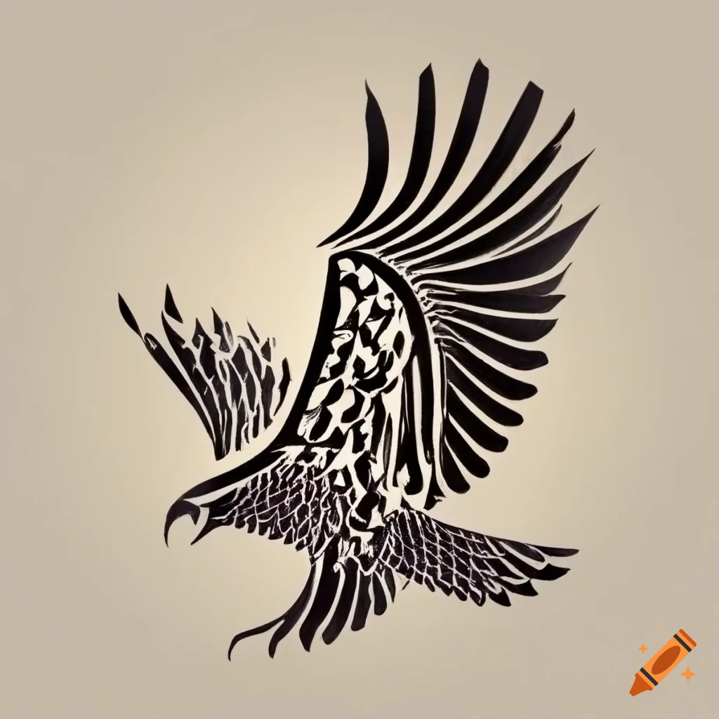 Stylized hawk or falcon with intricate geometric patterns and raised ...