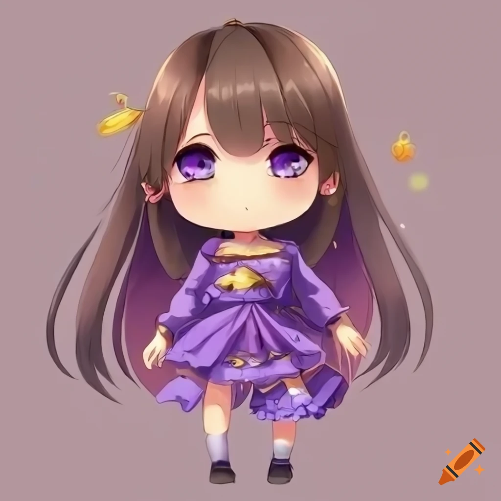 Chibi toddler anime girl with long light brown hair and purple skirt ...