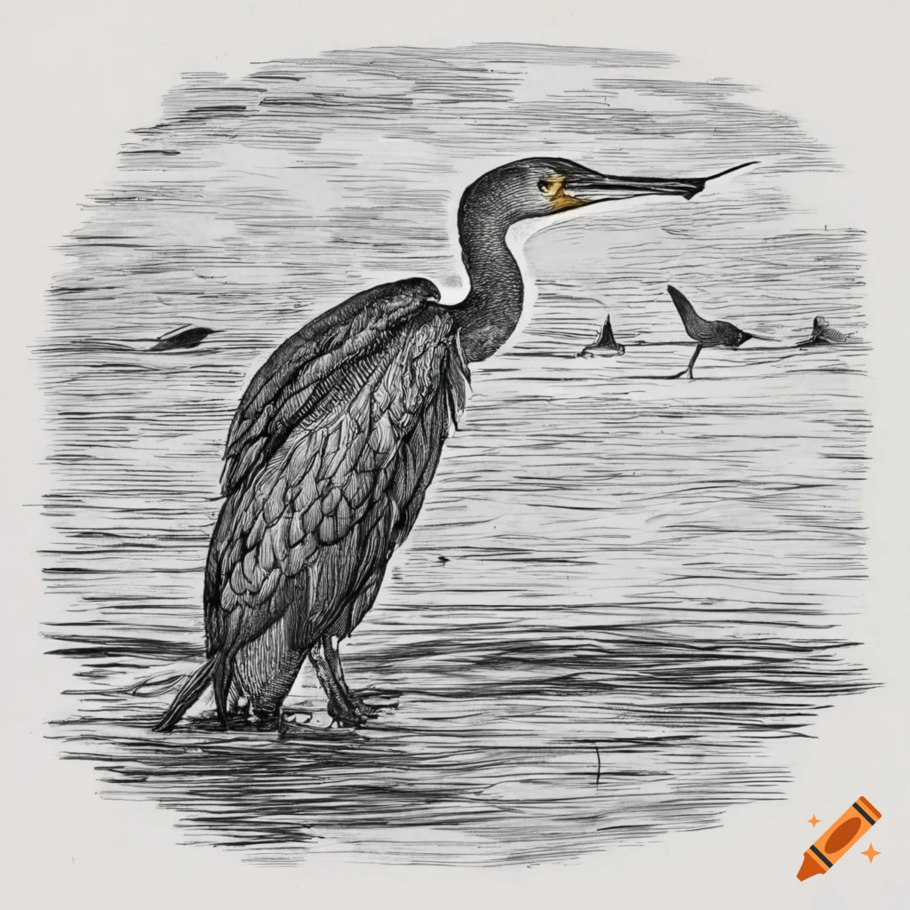 Drawing of a cormorant with a fish in a foggy swamp on Craiyon