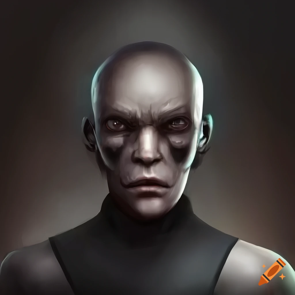 Sci-fi fantasy race character in black outfit with unique facial ...