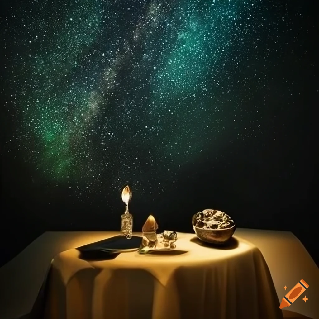 Dinner table setup under a starry night with a green meteorite trail on ...