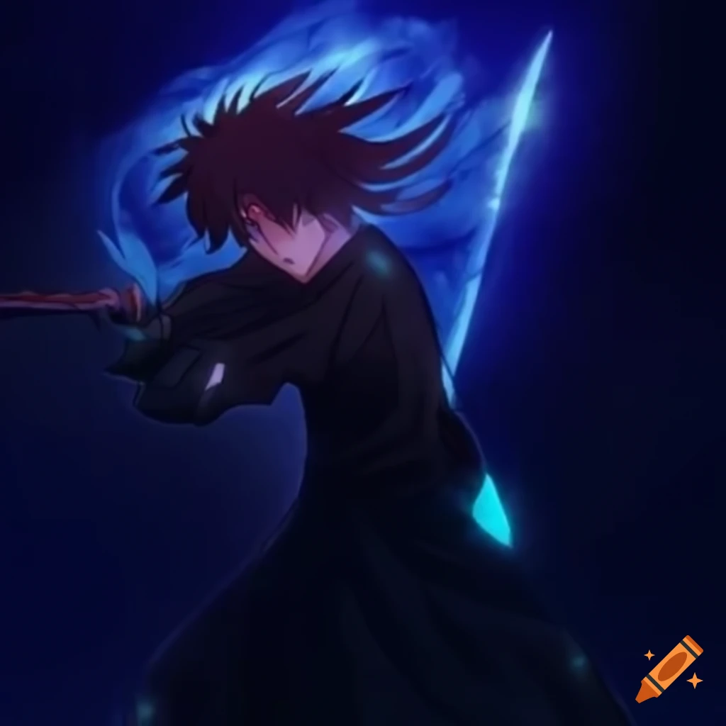 Anime character engaged in a sword fight with magical effects on Craiyon