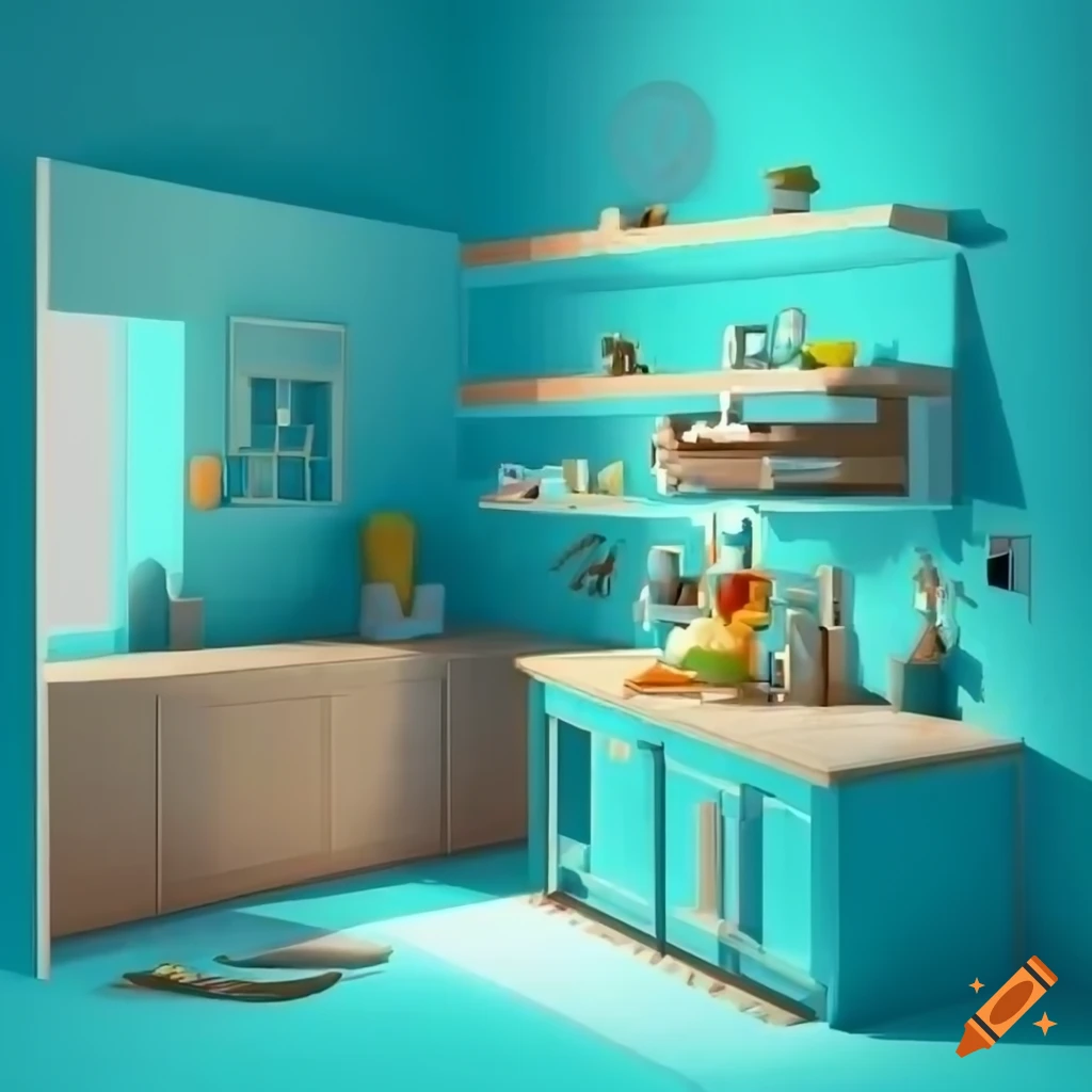 Turquoise isometric cozy cubic room with kitchen and stairs in an ocean ...