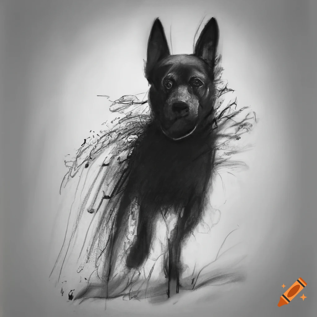 Dark dog shadow running in village patch in charcoal drawing on Craiyon