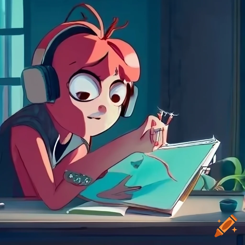 Tomato with humanoid features studying at a desk with headphones and ...
