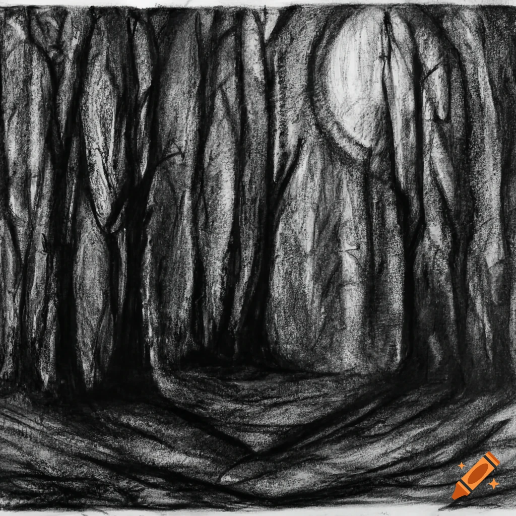Night forest landscape in charcoal drawing on Craiyon