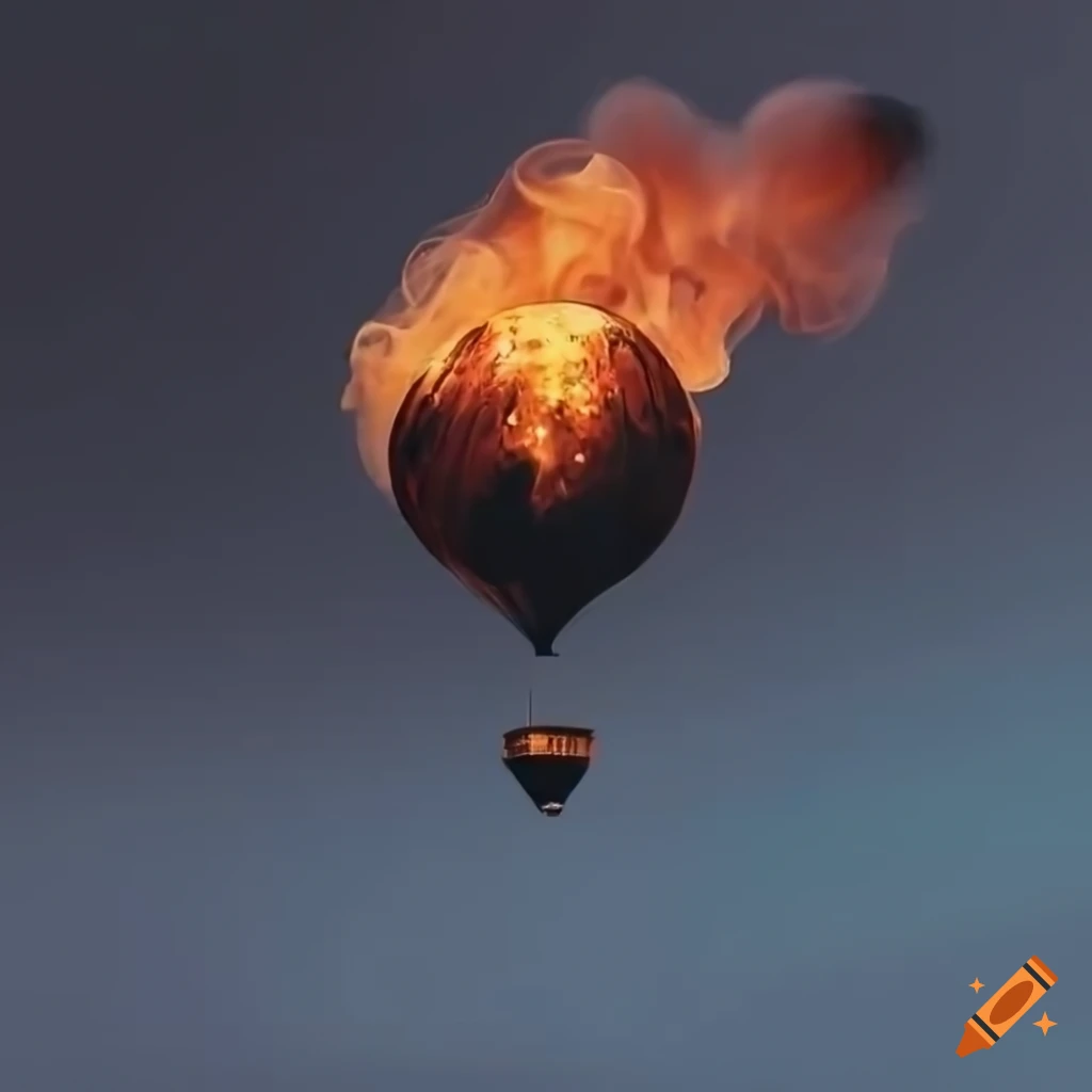 Burning hot air balloon over a city in a dystopic setting on Craiyon