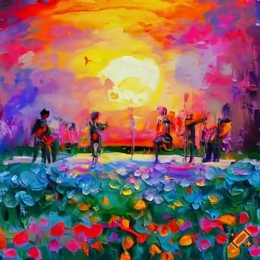 Beautiful sunset over blooming flowers with an enchanting musical ...