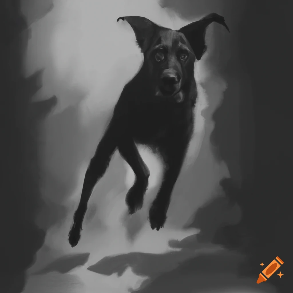 Dog shadow running in a village patch in charcoal black and white on ...