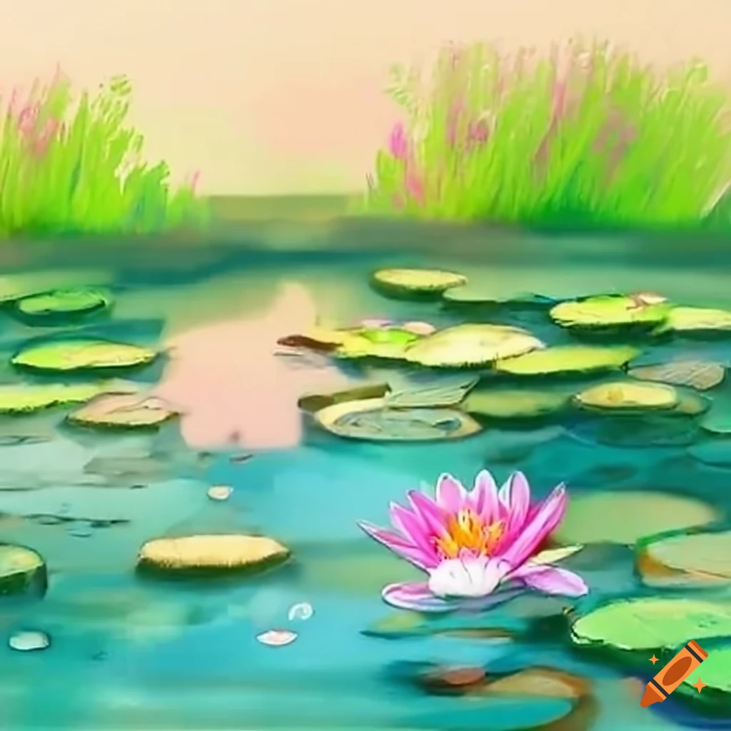 Pastel pond with lily pads and pink flowers on Craiyon
