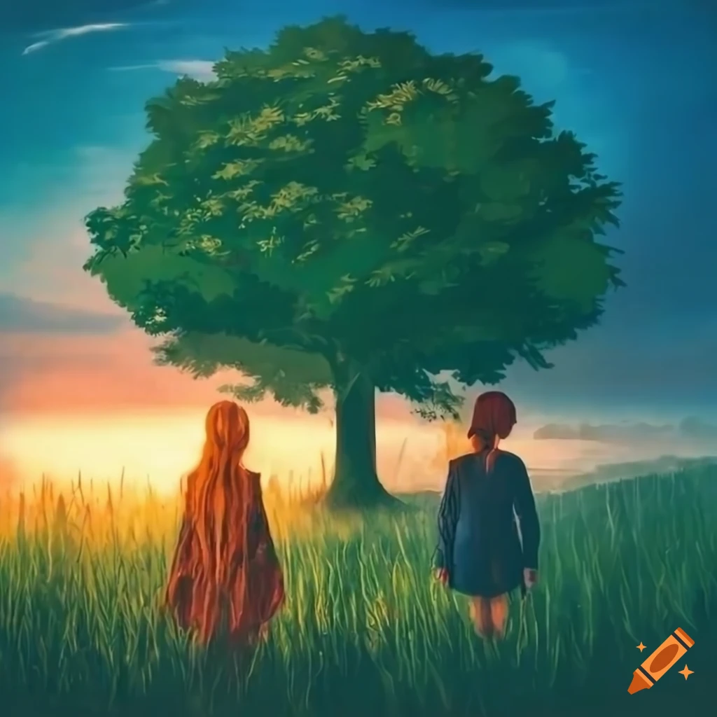 Two people standing in a meadow with a green tree on the left and a ...