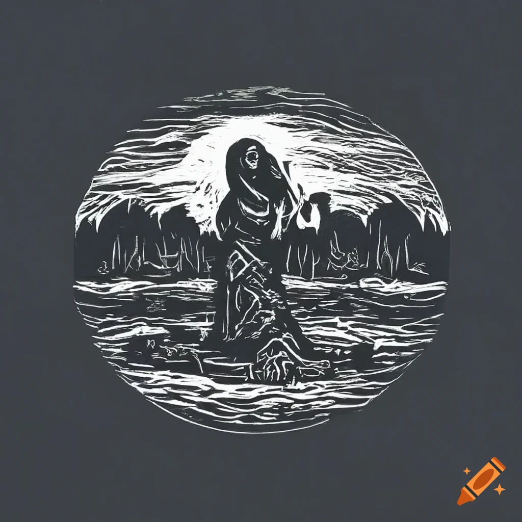 Linocut etching of a singing woman bog creature in a misty swamp on Craiyon