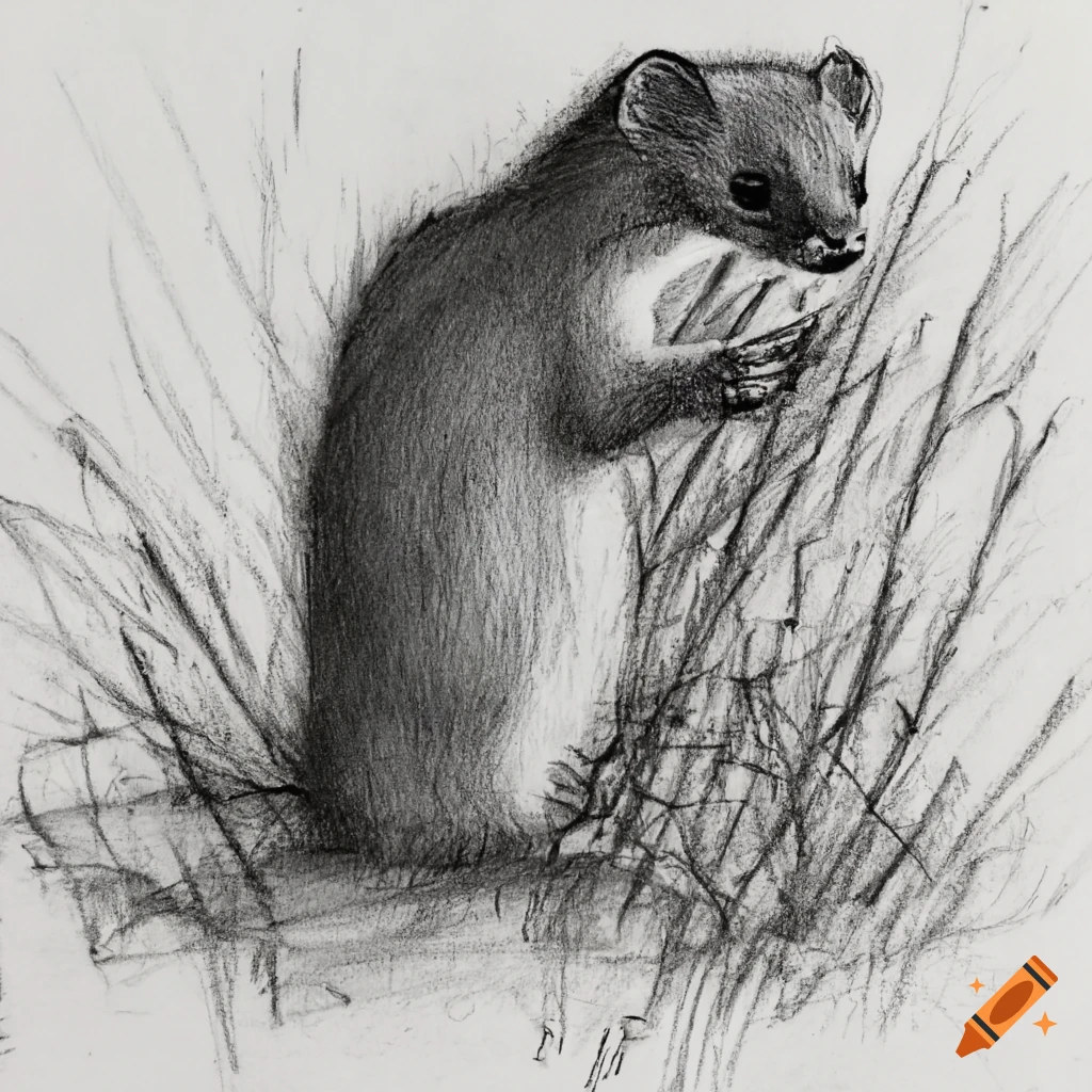 Weasel shadow lurking from bushes in a gloomy night, charcoal drawing ...