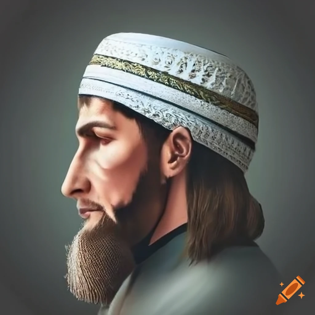 Chechen man in side profile wearing a white muslim prayer hat on Craiyon