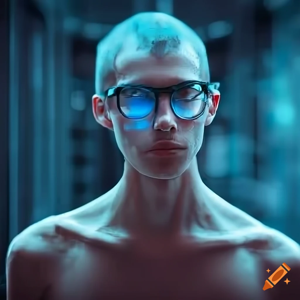 Cyborg male with glasses in a futuristic computer server setting on Craiyon