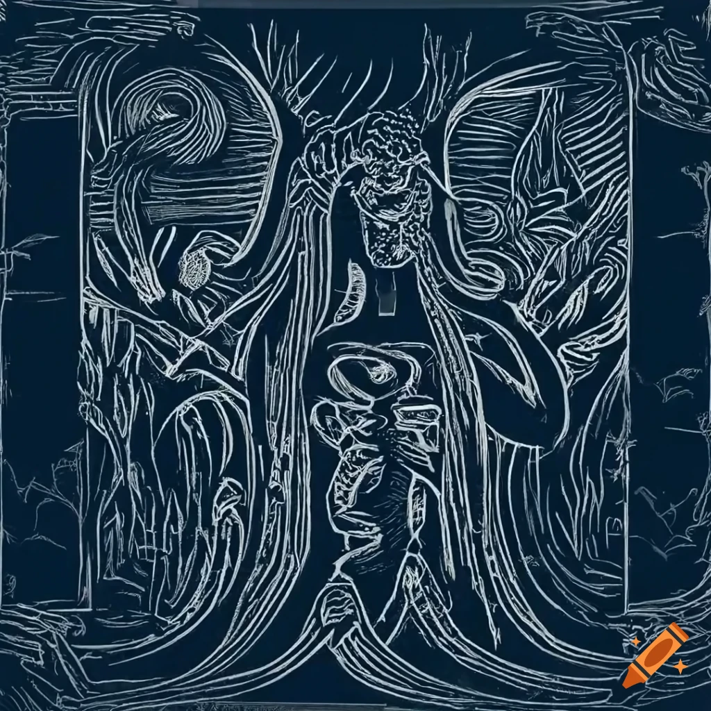 Monochrome linocut of a bog goddess emerging from a swamp surrounded by ...