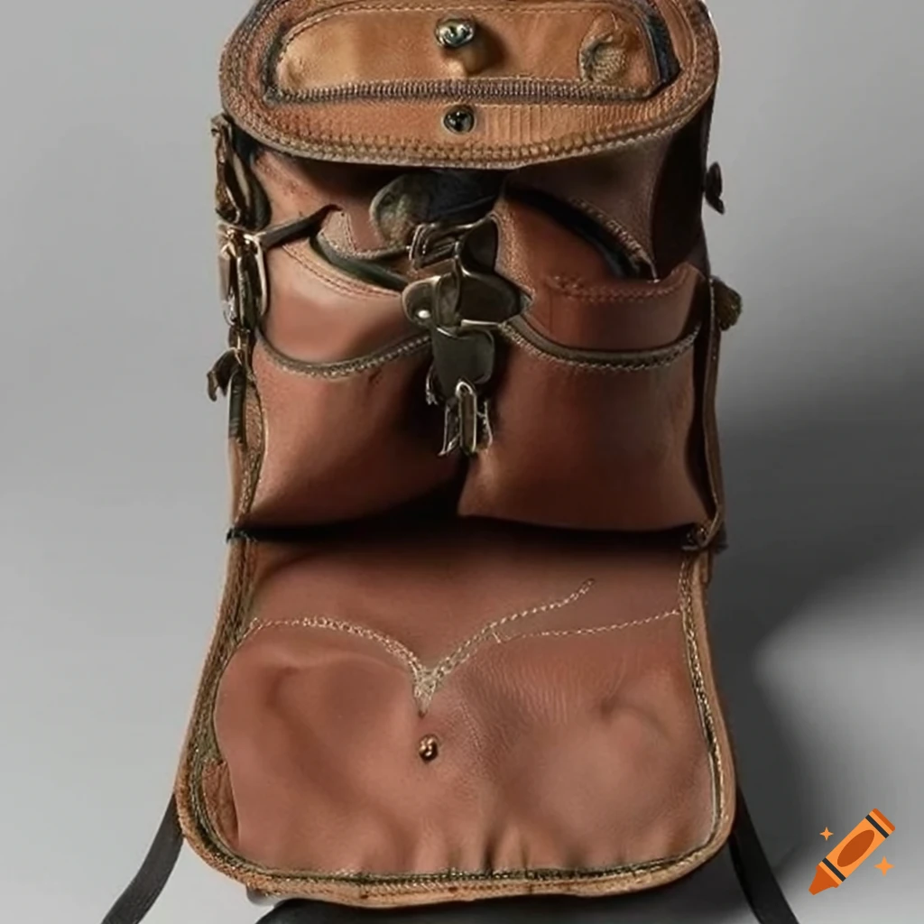 Open rugged backpack with scattered buckles and zippers on a table on ...